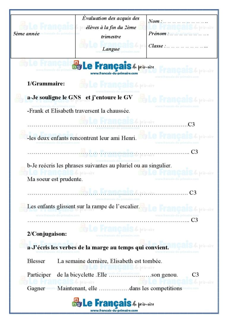 Examen langue 5ème année trimestre 2 | Le français du primaire