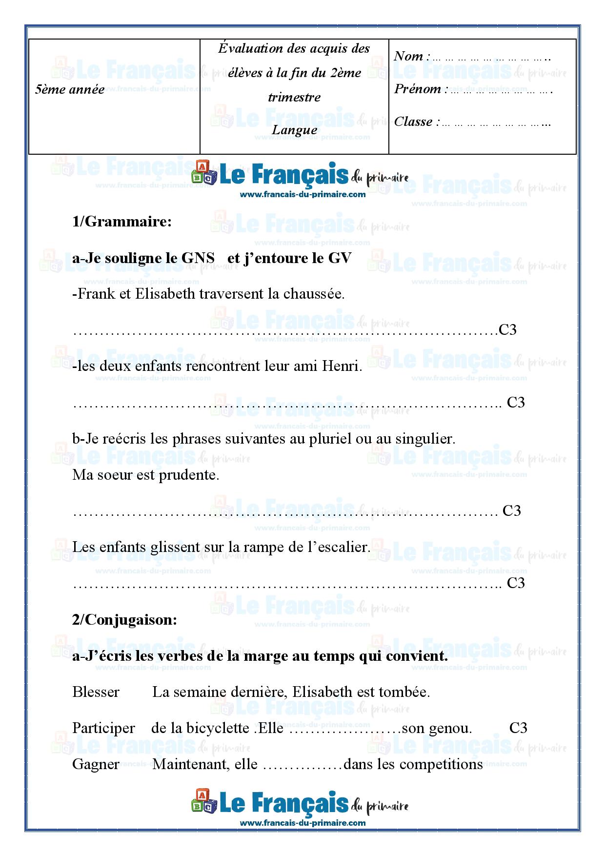 Examen langue 5ème année trimestre 2 | Le français du primaire