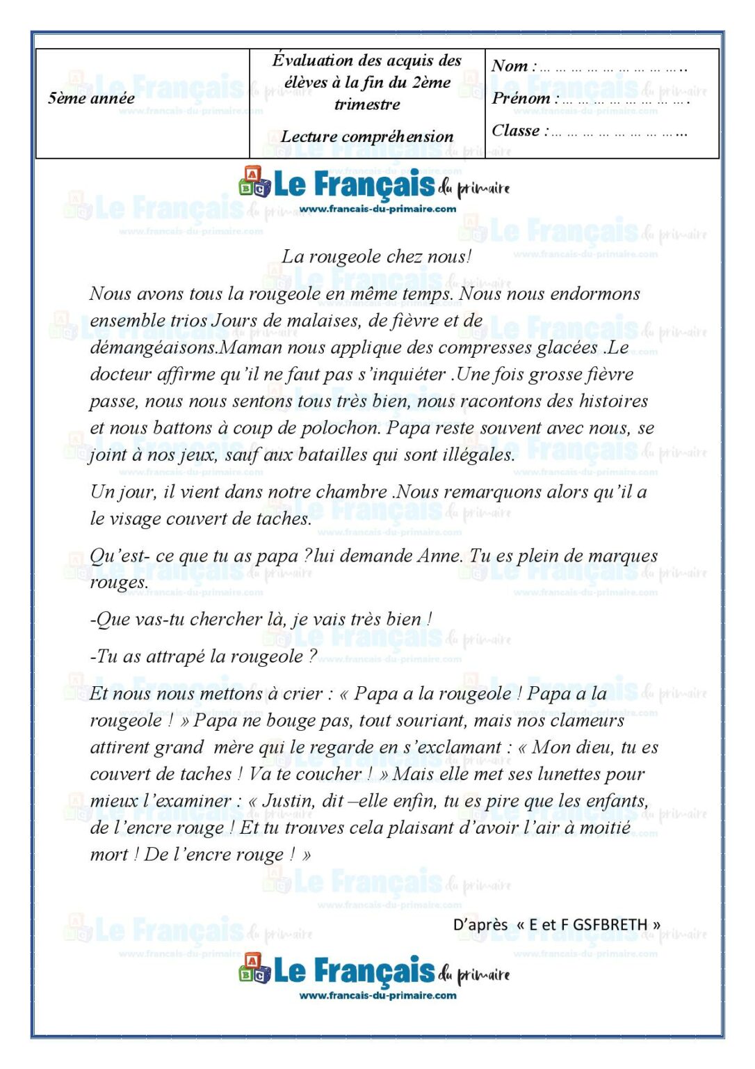 Examen Lecture compréhension 5ème année /Trimestre 2 | Le français du ...