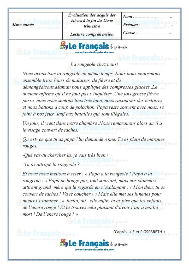 Examen Lecture compréhension 5ème année /Trimestre 2 | Le français du ...