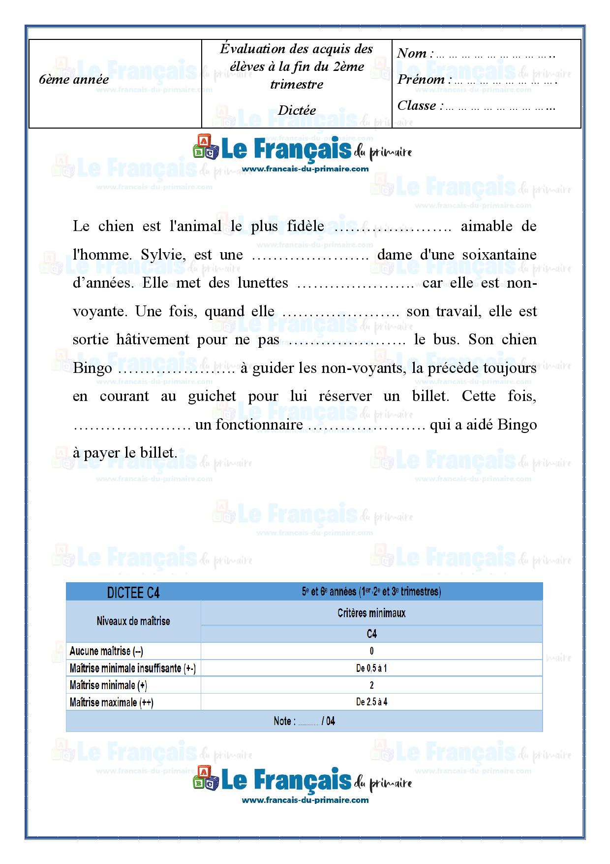 Examen Dictée 6ème année 2ème trimestre | Le français du primaire