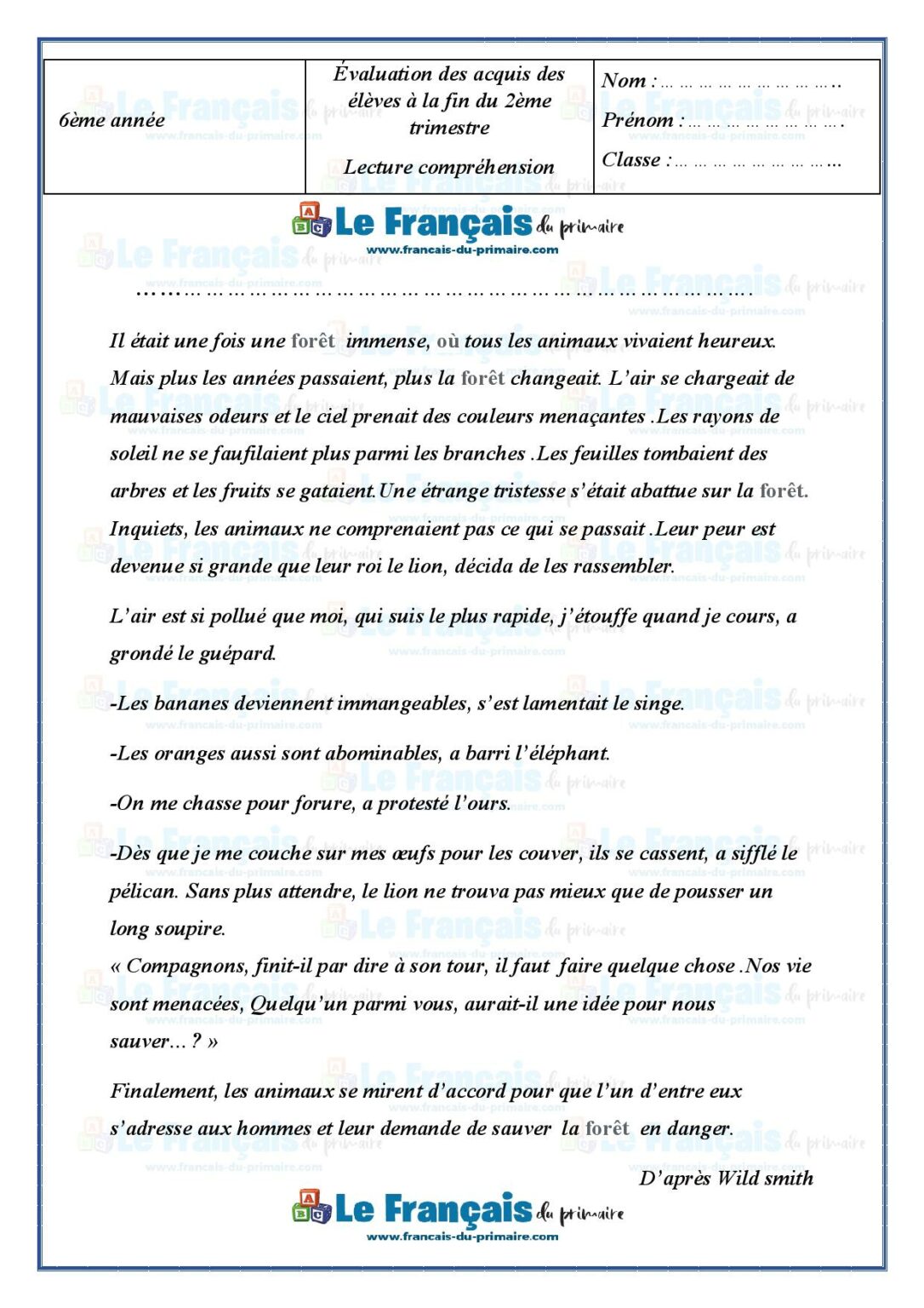 Examen 6ème année lecture compréhension 2ème trimestre (exemple4) | Le ...