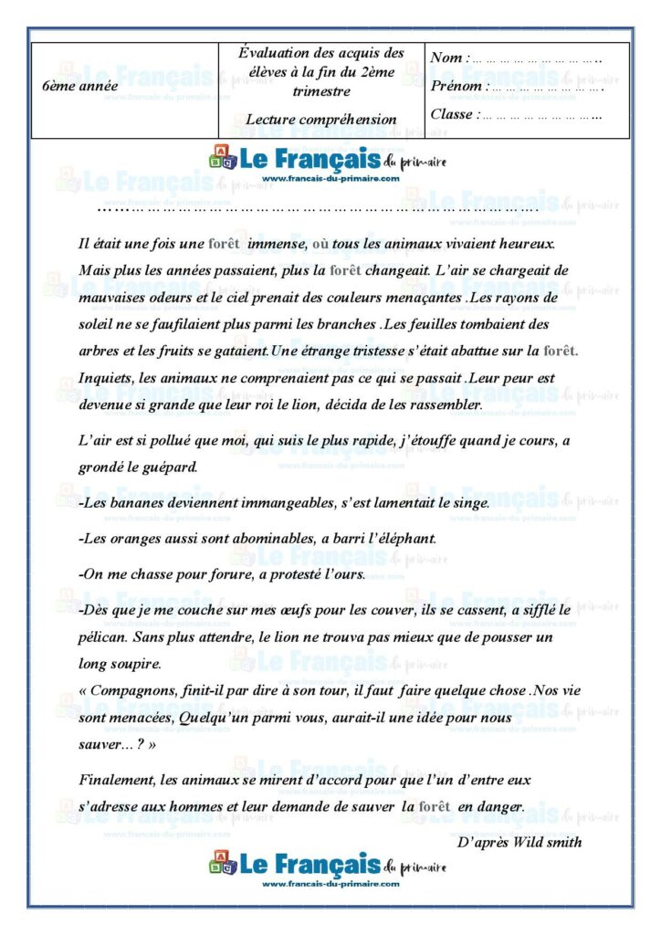 Examen 6ème année lecture compréhension 2ème trimestre (exemple4) | Le ...
