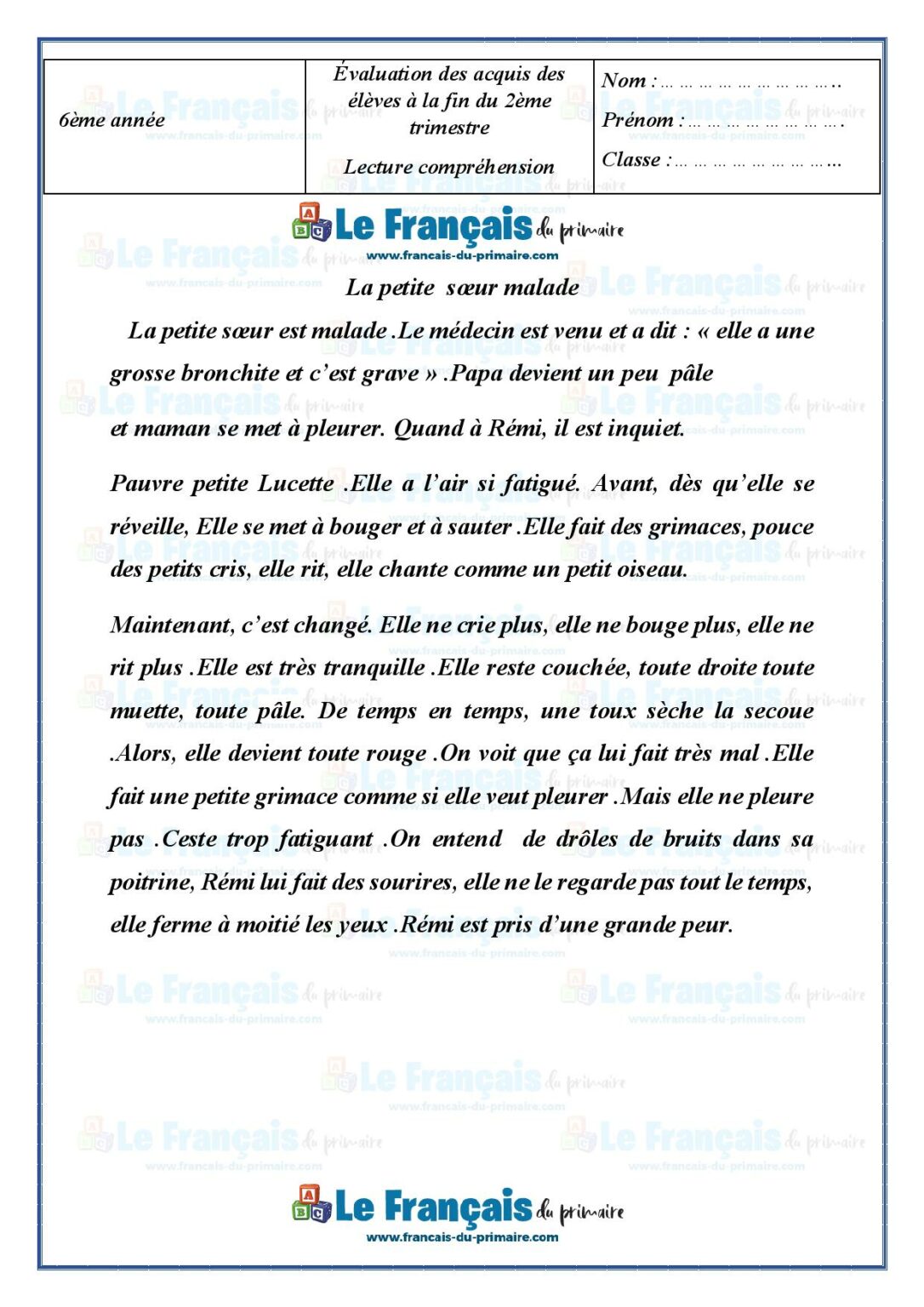 Examen 6ème année lecture compréhension /trimestre2 (exemple 3) | Le ...