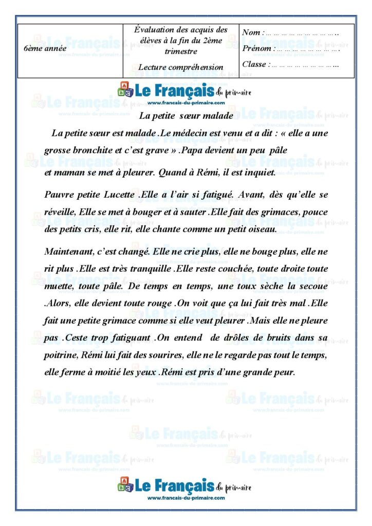 Examen 6ème année lecture compréhension /trimestre2 (exemple 3) | Le ...