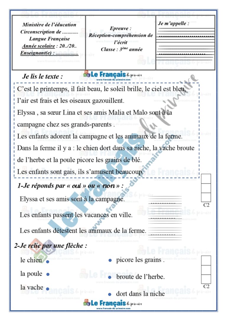 Examen Lecture 3ème année exemple 1 | Le français du primaire