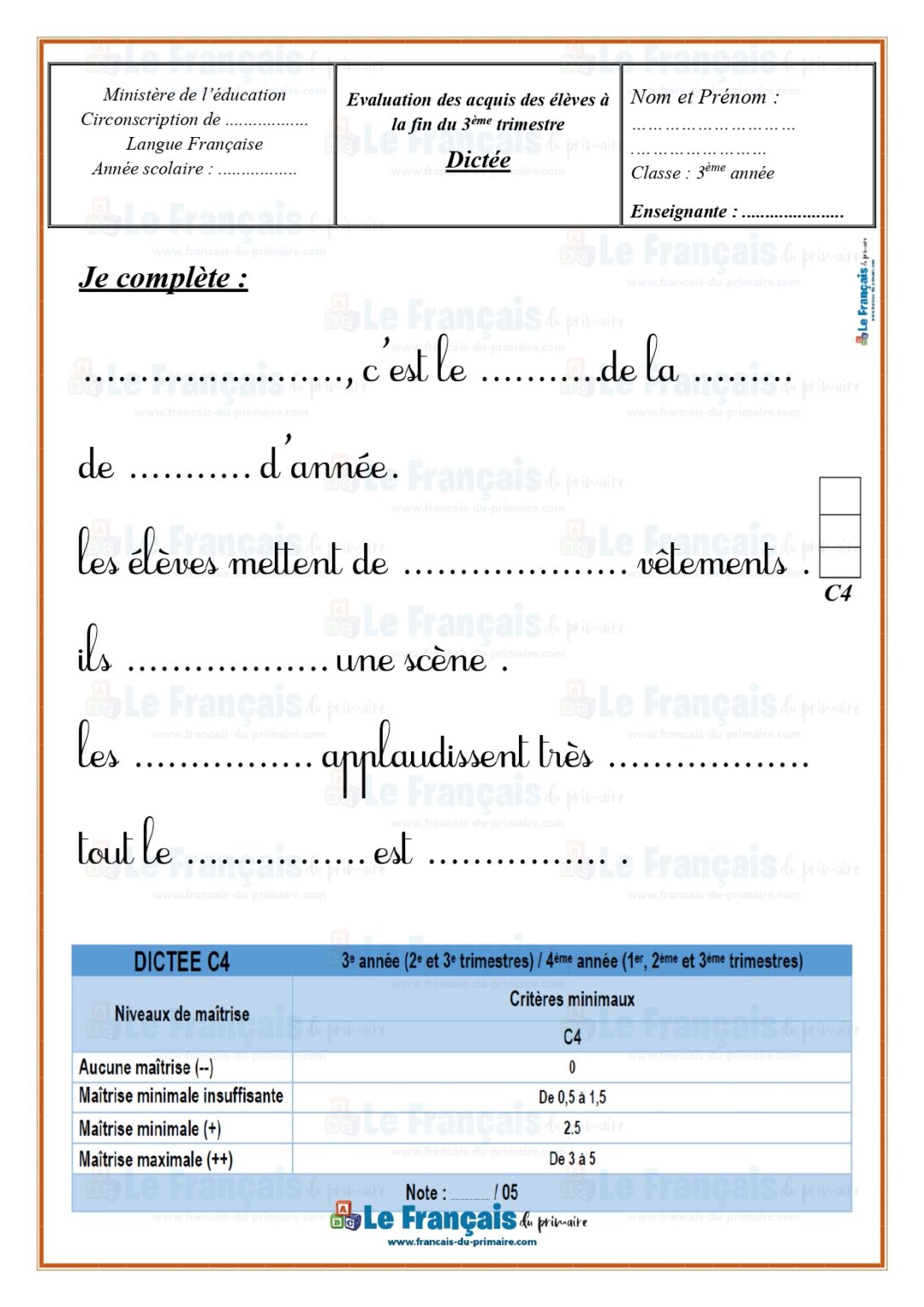 Examen Dictée 3ème année (Exemple 2) avec correction | Le français du ...