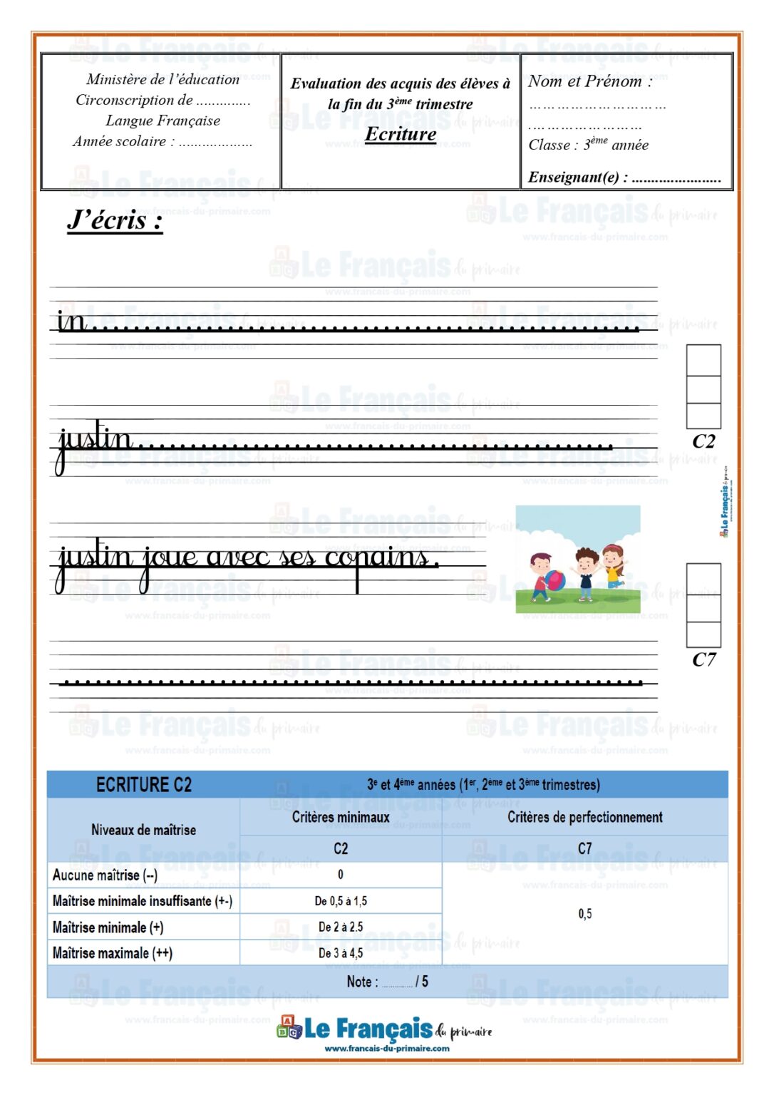 Examen Ecriture 3ème année (Exemple 3) | Le français du primaire