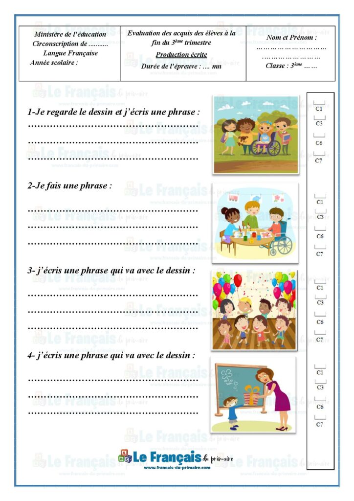 Examen production écrite 3ème année exemple 1 3ème trimestre | Le ...