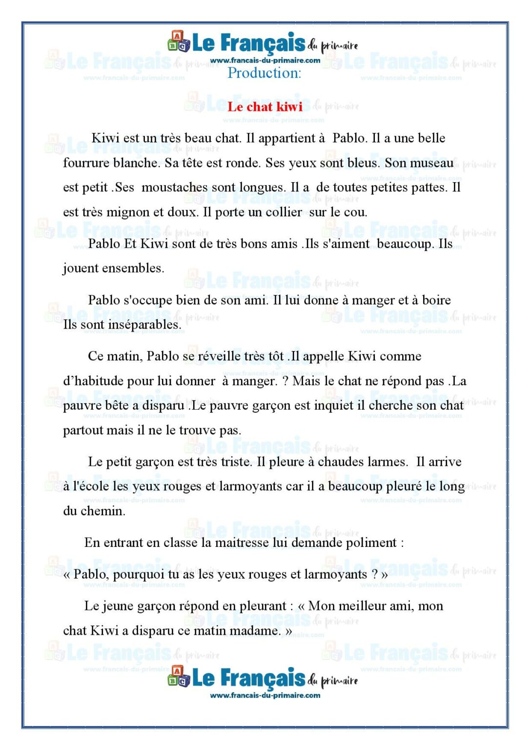 Le chat KIWI 4ème année | Le français du primaire
