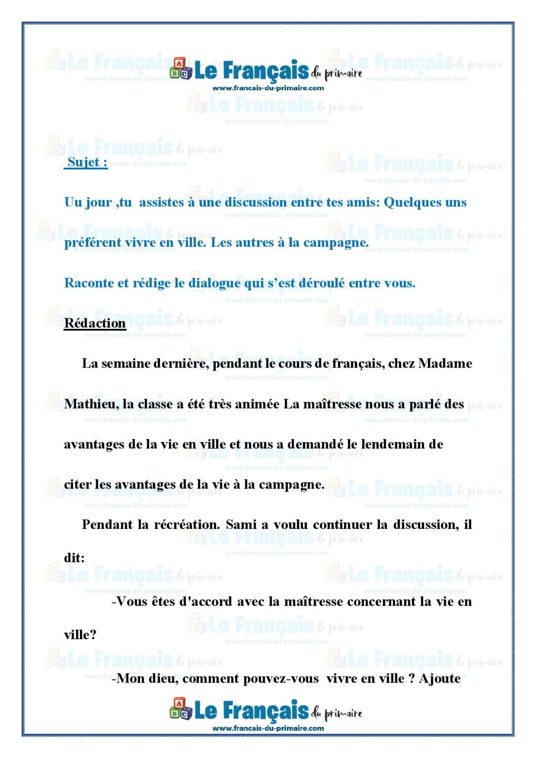 Production écrite (la vie en ville et la vie à la campagne) | Le ...