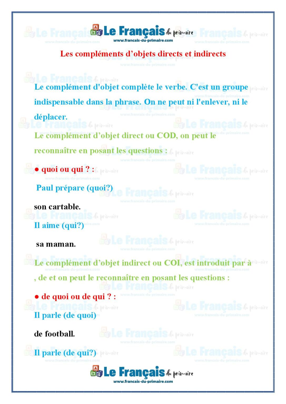 Les compléments d’objets directs et indirects | Le français du primaire