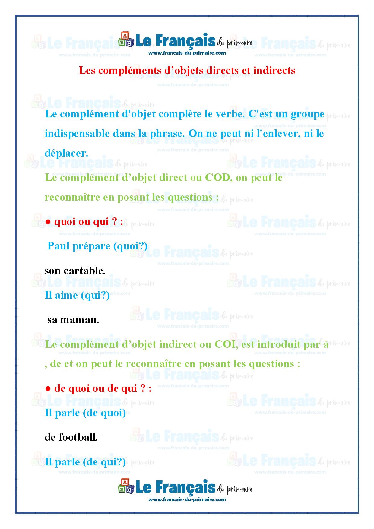 Les compléments d’objets directs et indirects | Le français du primaire