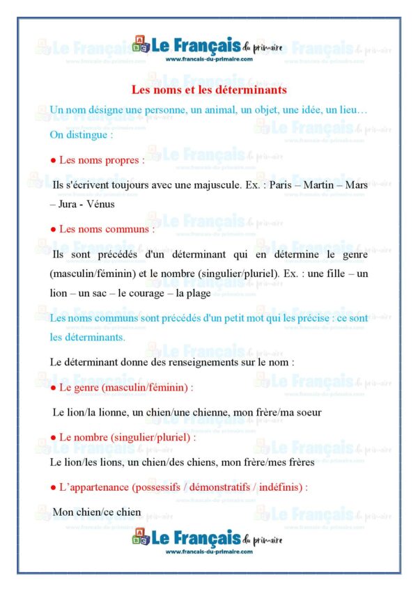Les noms et les déterminants | Le français du primaire