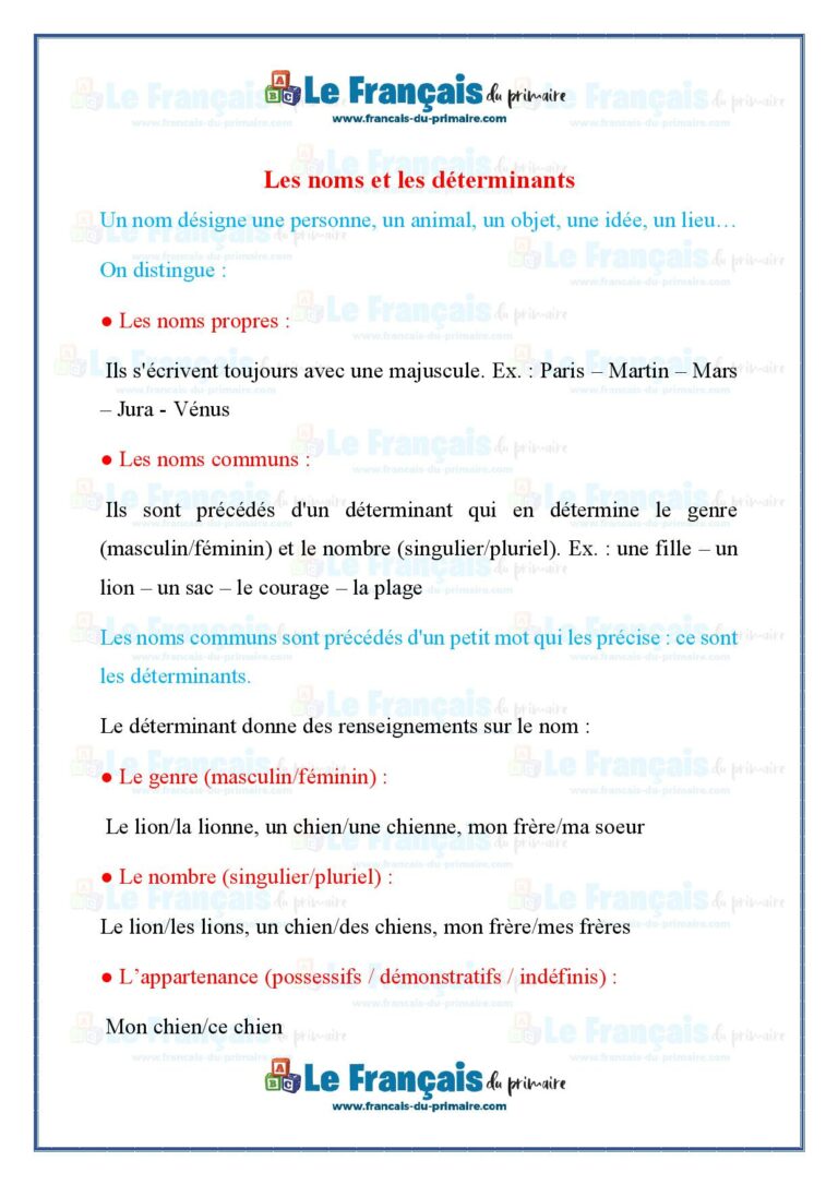 Les noms et les déterminants | Le français du primaire