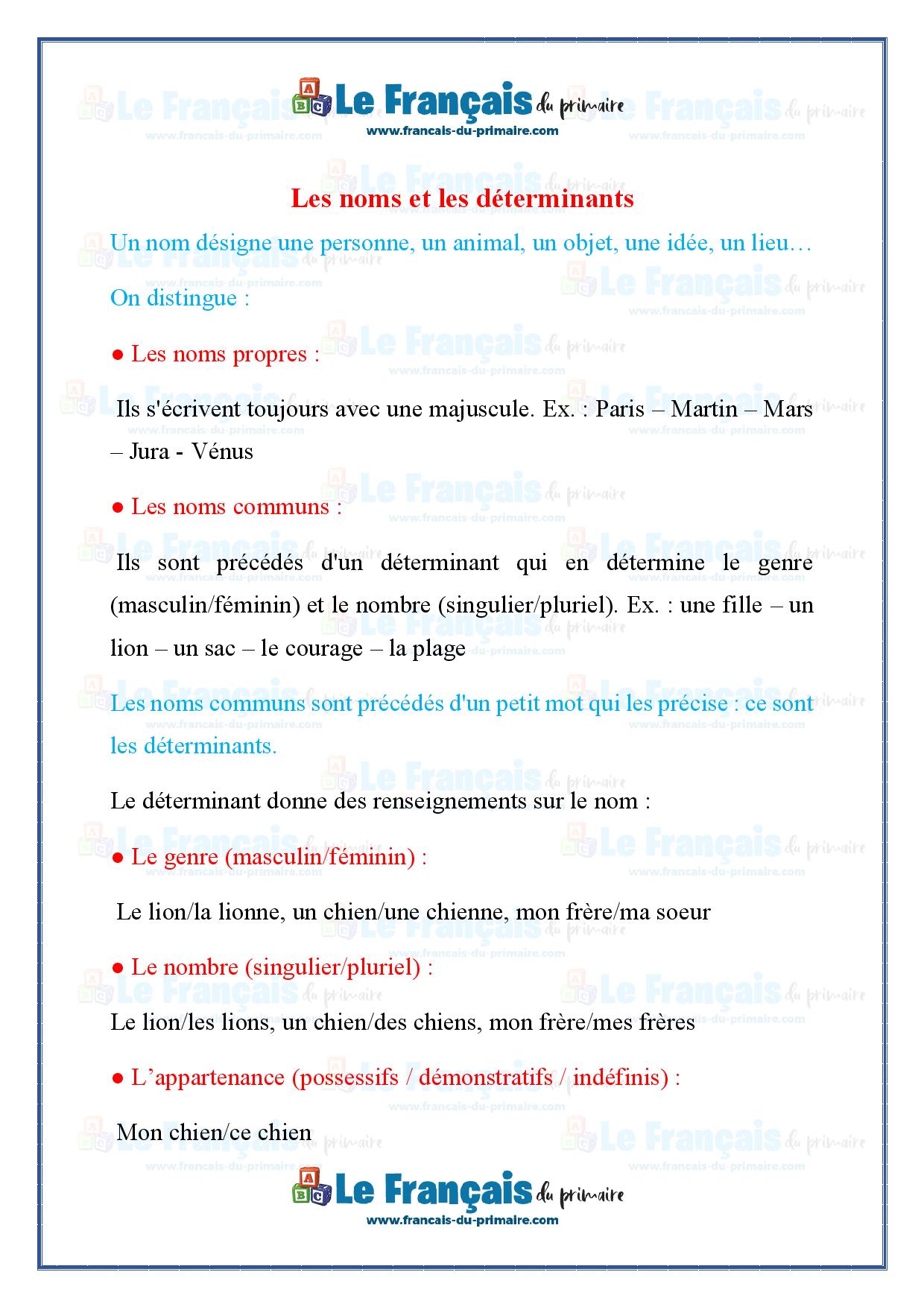 Les noms et les déterminants | Le français du primaire