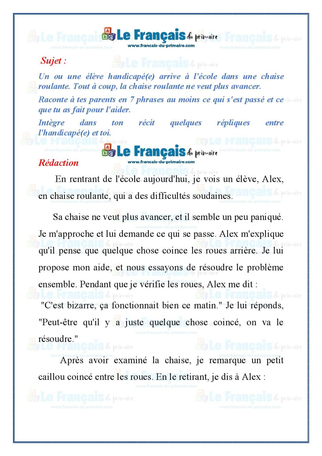 Production écrite:Un garçon serviable | Le français du primaire