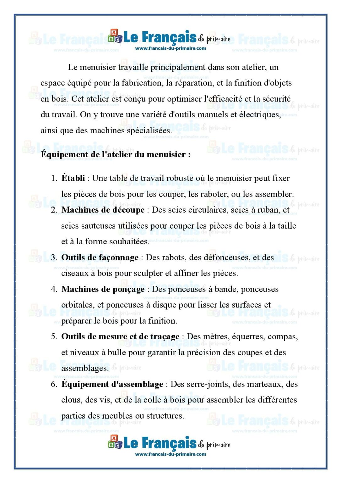 Le menuisier | Le français du primaire