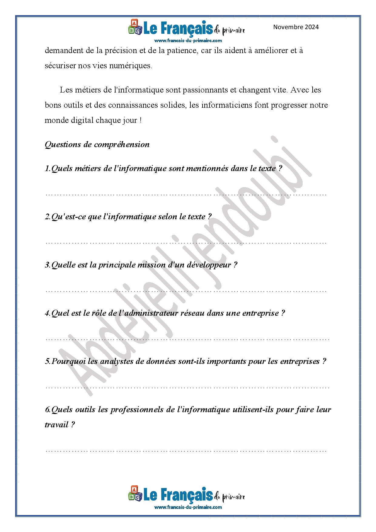 Evaluation unité 1 /6ème année | Le français du primaire