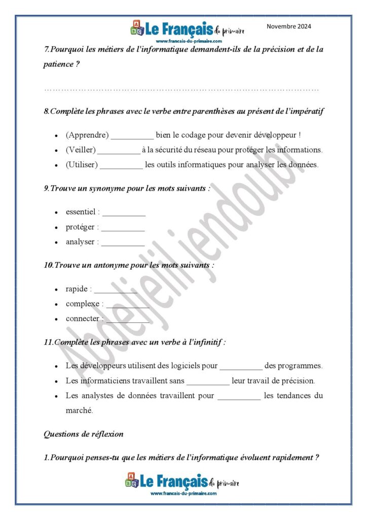 Evaluation unité 1 /6ème année | Le français du primaire