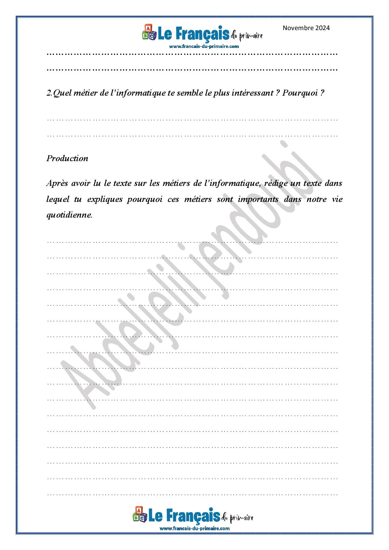 Evaluation unité 1 /6ème année | Le français du primaire