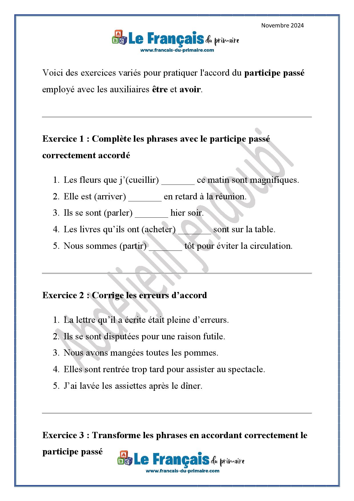 Conjugaison :Accord du participe passé | Le français du primaire