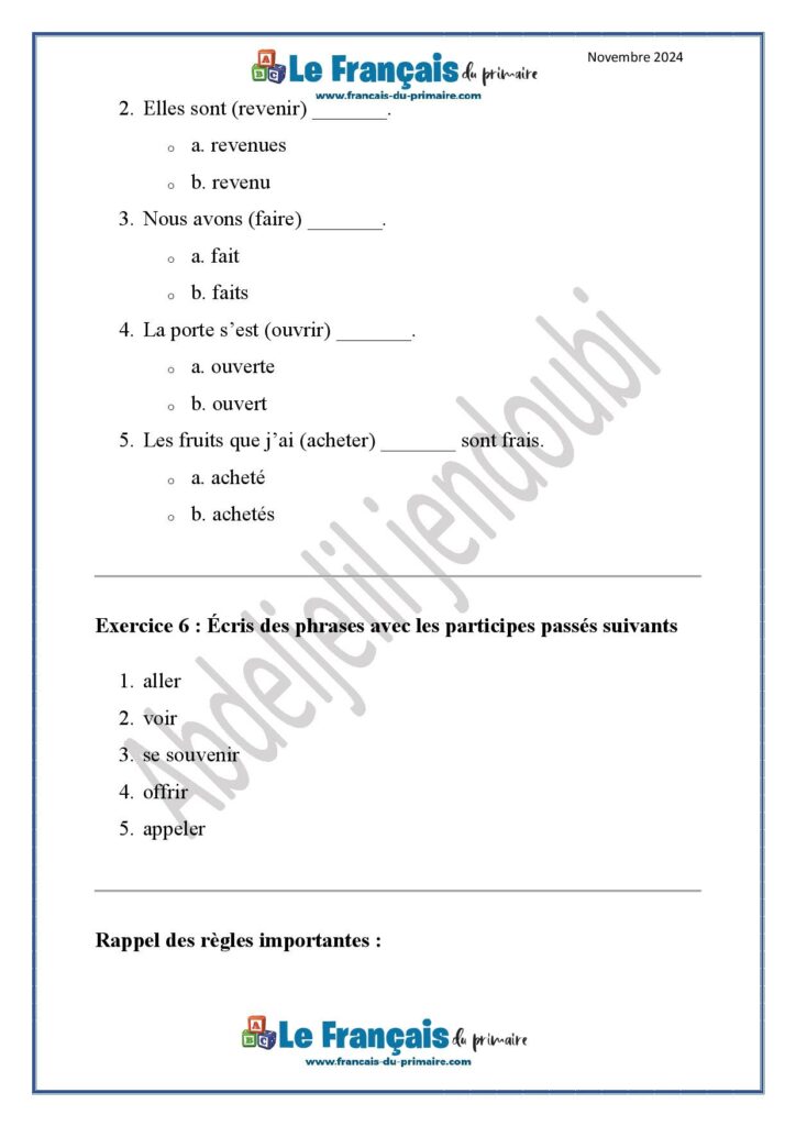 Conjugaison :Accord du participe passé | Le français du primaire