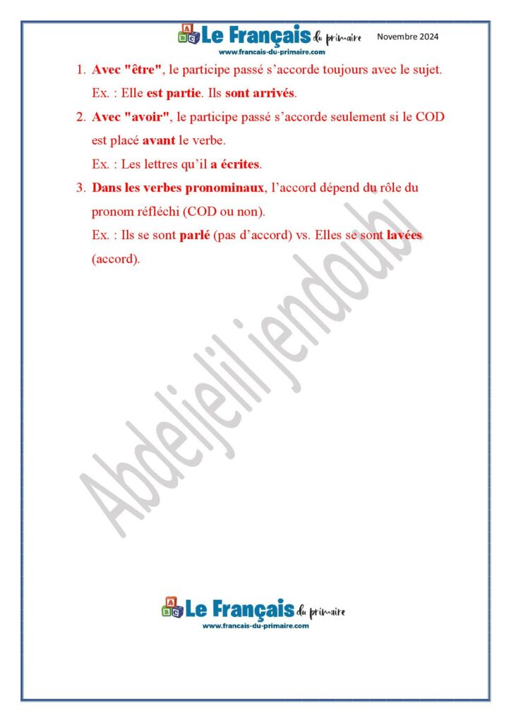 Conjugaison :Accord du participe passé | Le français du primaire