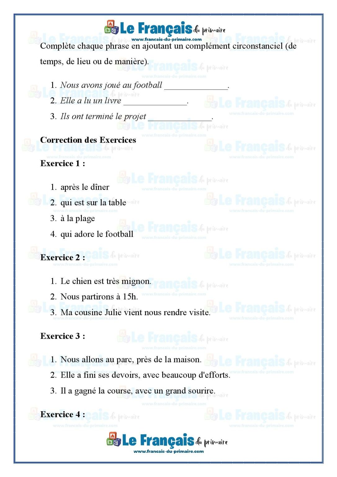 Grammaire: Les compléments circonstanciels | Le français du primaire