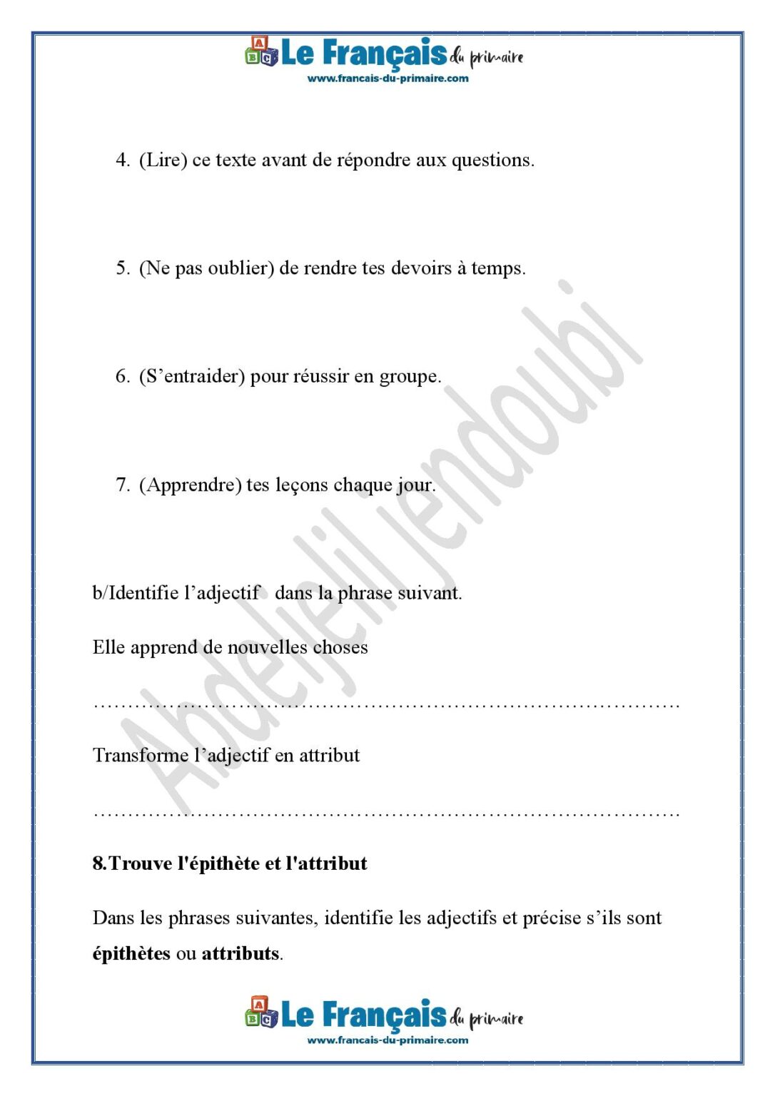 Evaluation Module 1/2/3- 6ème année | Le français du primaire
